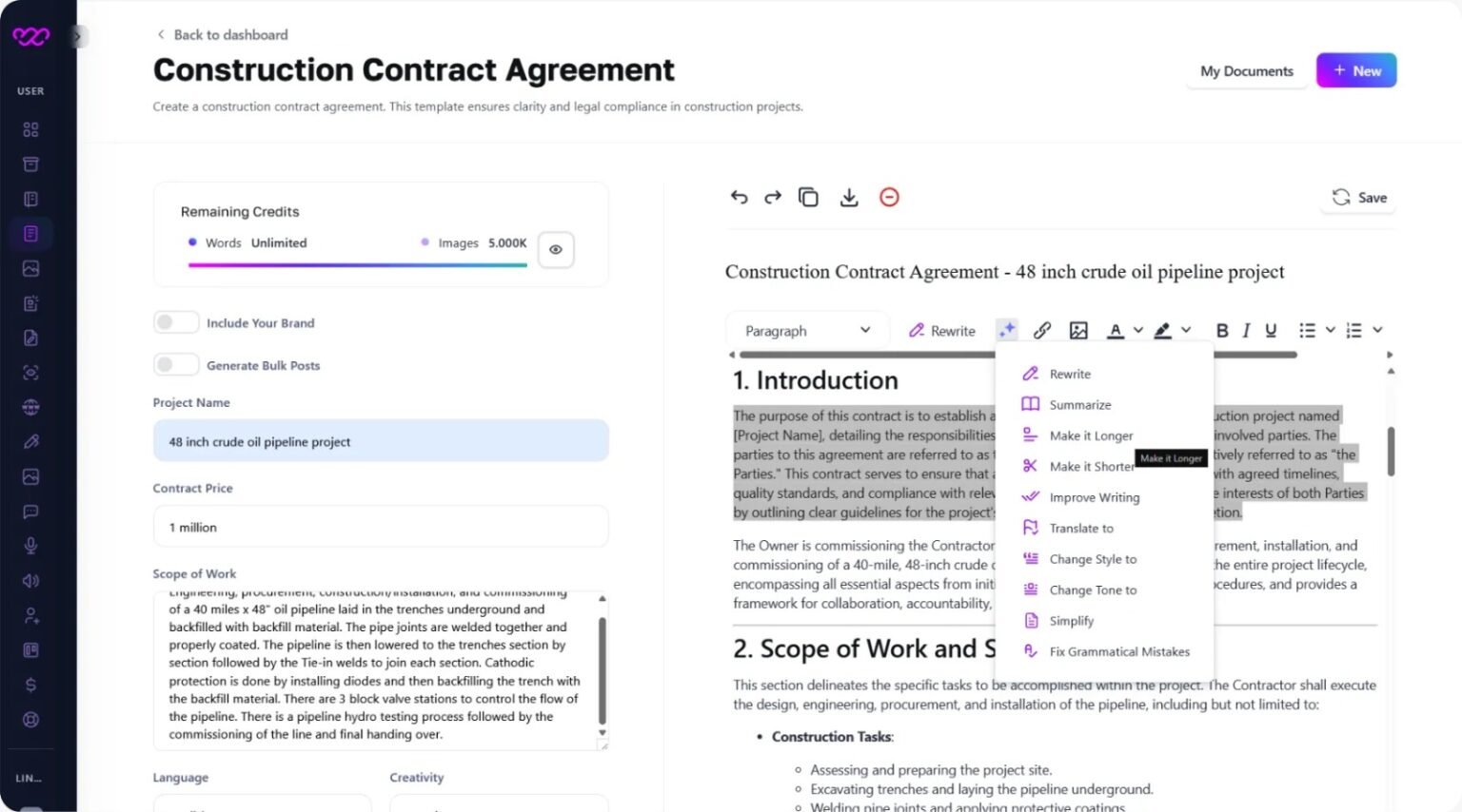 Construction Contract Agreement Writer - Create Contracts